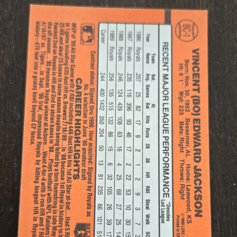Donruss 1989 Bo Jackson MVP #BC-1 Kansas City Royals Baseball Card | eBay