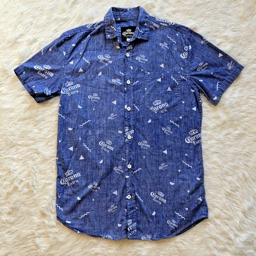Corona Button Up Short Sleeve Shirt Blue White Casual Mens Small Summer ...