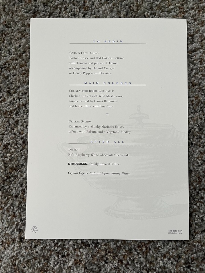 United Airlines First Class Mid-Con Service Menu Aug 1996 #3 | eBay UK