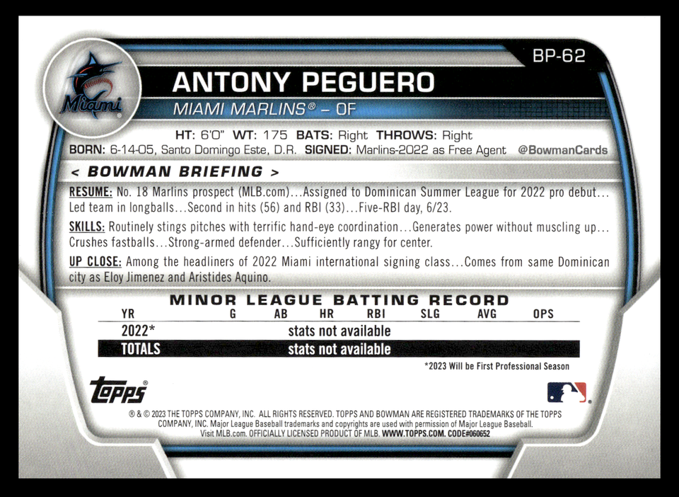 2023 Topps Bowman Antony Peguero #BP-62 Miami Marlins Prospects MLB ...