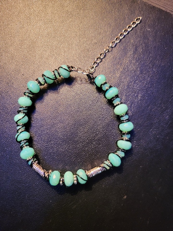 TURQUOISE COLORED URANIUM GLASS BEAD BANGLE WITH HOOK CLASP WITH BLACK ...