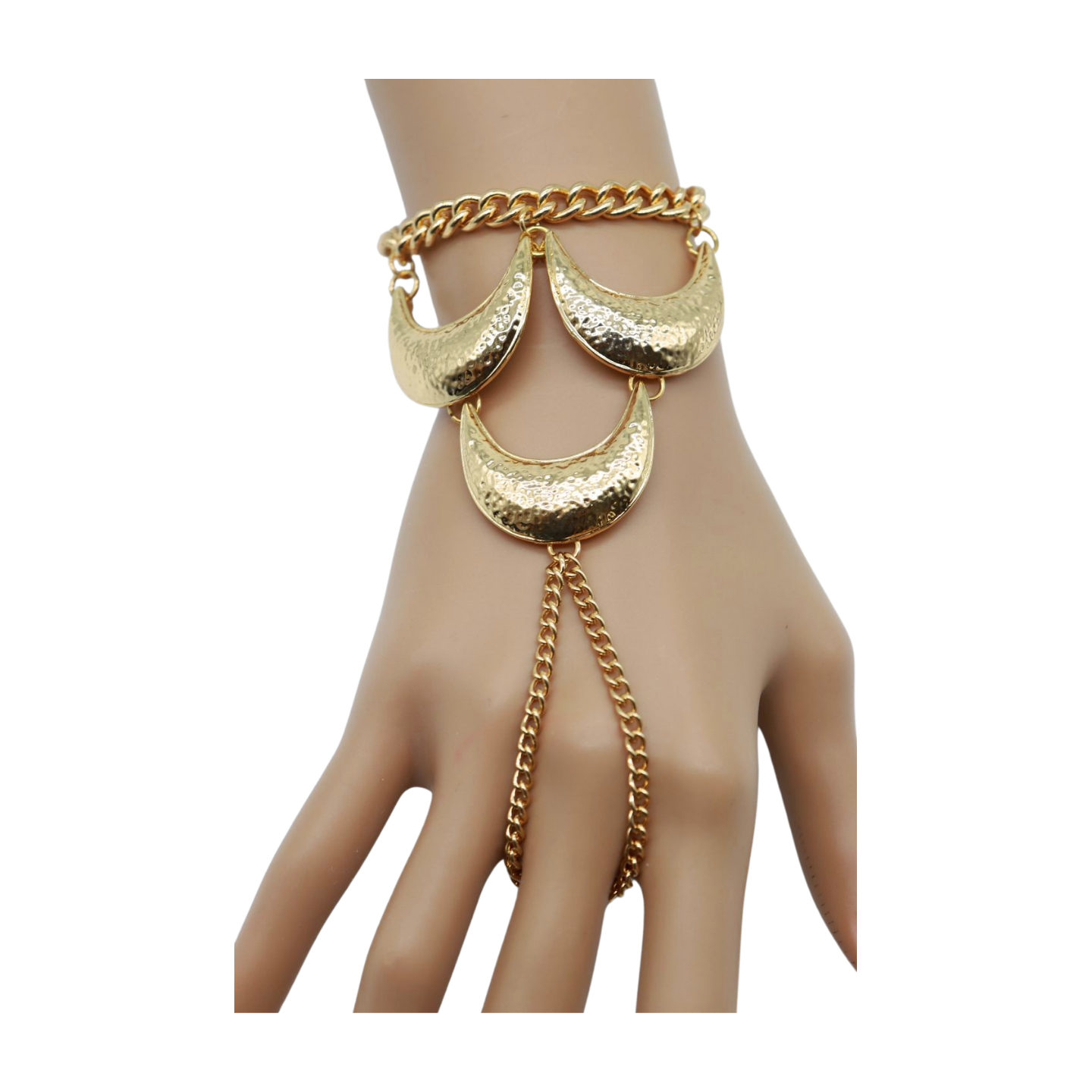 Women Gold Metal Hand Chain Bracelet Moons Charm Connected Ring Unique ...