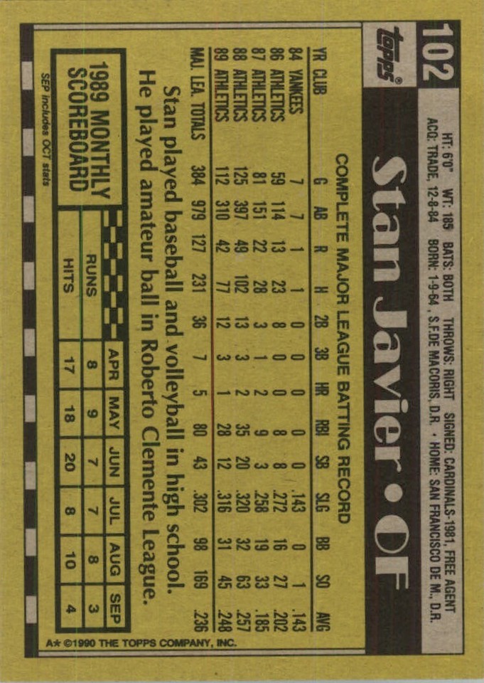 1990 Topps MLB Stan Javier #102 | eBay