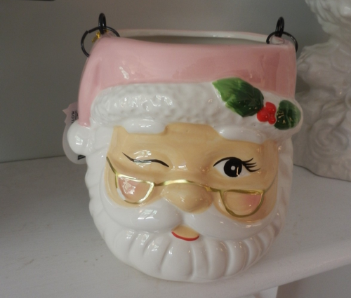NEW MR CHRISTMAS Pink Vintage SANTA LANTERN Ceramic POT W/ Handle Retro ...