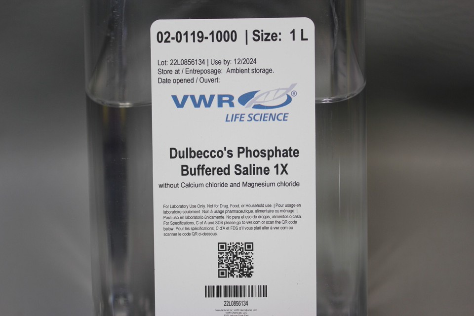 NEW 1L BOTTLE OF VWR DULBECCO'S PHOSPHATE BUFFERED SALINE 1X 02-0119 ...