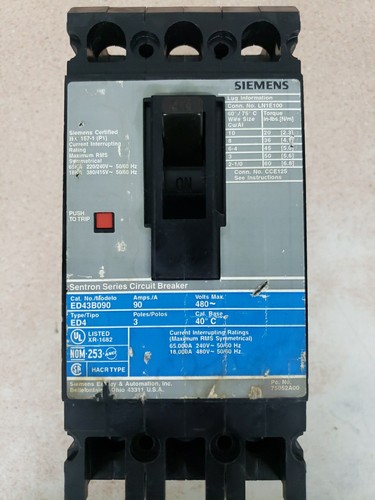 Siemens ED43B090 I-T-E Circuit Breaker Sentron Series Type: ED4 480V ...