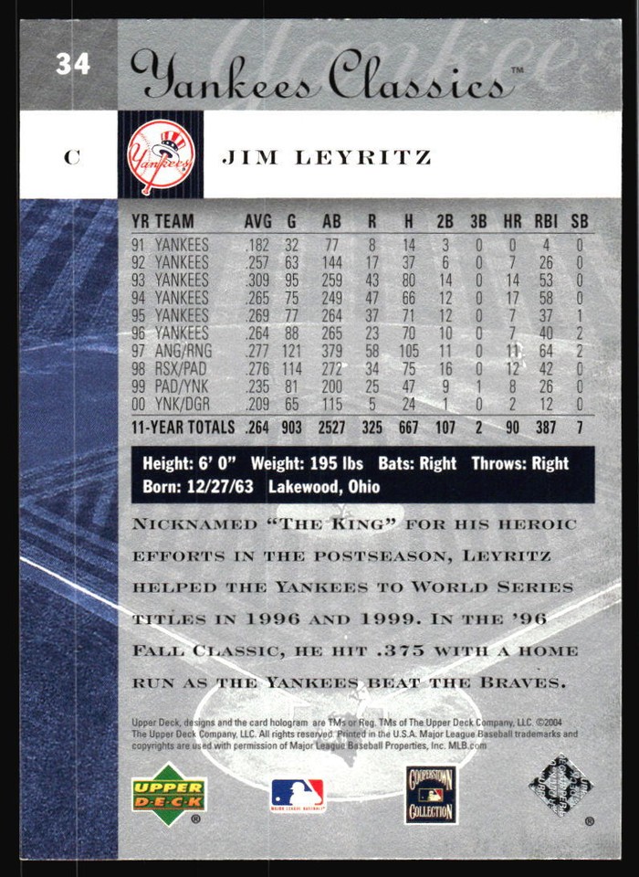 2004 Upper Deck Yankees Classics Jim Leyritz #34 New York Yankees | eBay