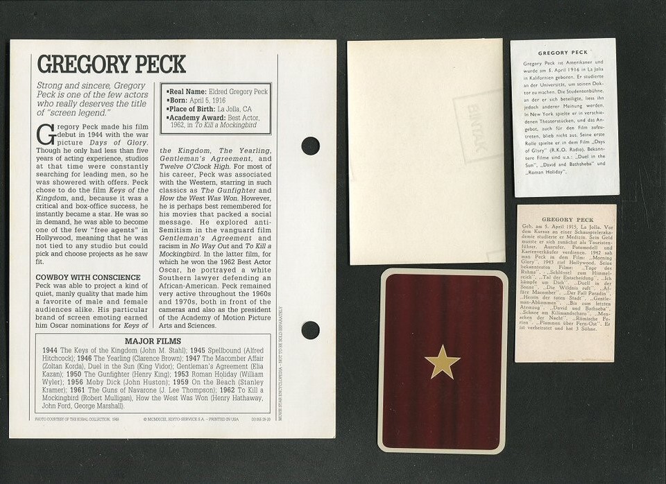 GREGORY PECK MOVIE STAR 5 DIFF CARDS- HARD TO FIND....1940'S, 1950'S ...