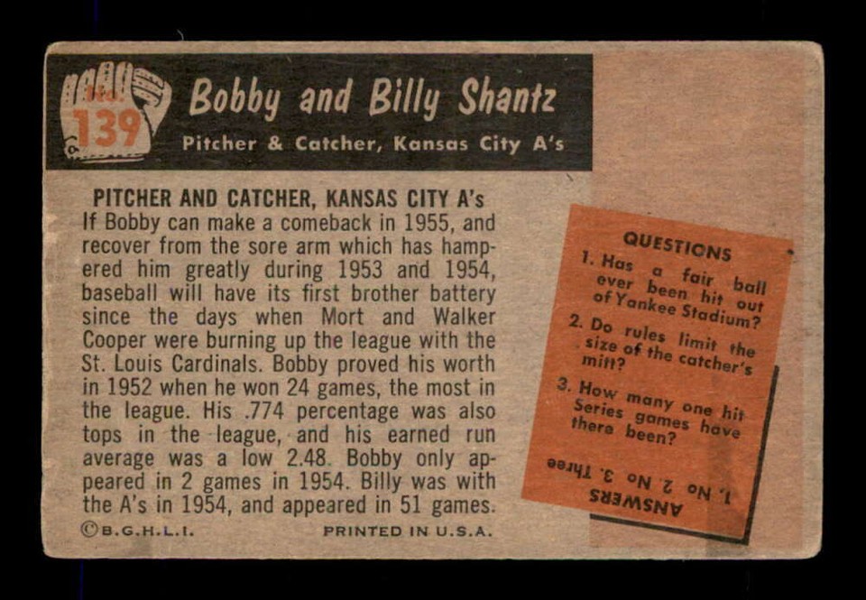 1955 Bowman #139 Bob Shantz / Billy Shantz Brothers G/VG X3183511 | eBay