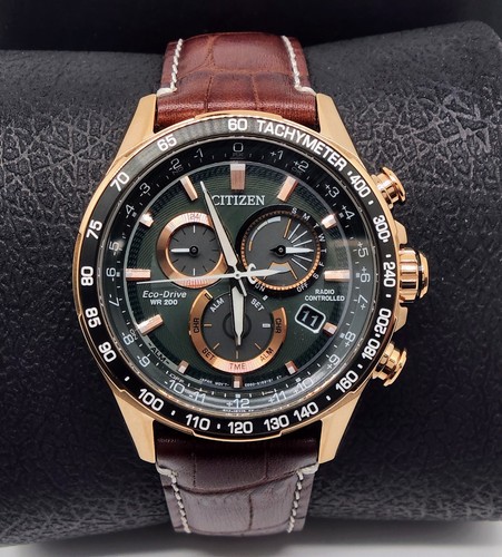 Citizen CB5919-00X PCAT Chronograph Green Rose Gold Leather Band Watch ...
