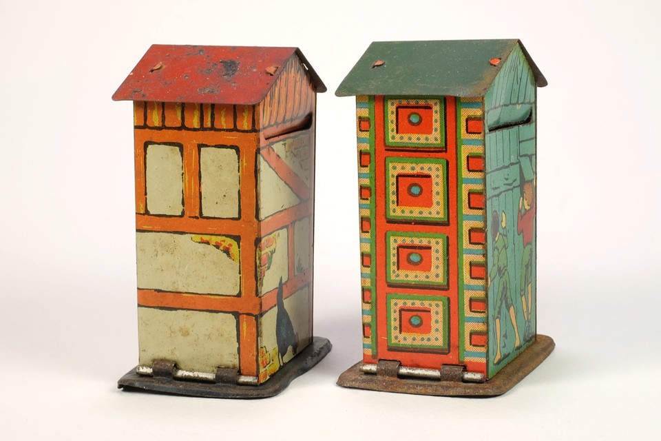 2 German Antique Tin Toy Coin Banks 1920s – Punch & Judy, Rooster House ...