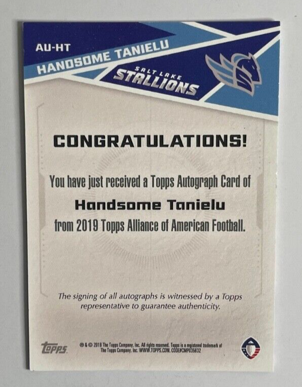 Handsome Tanielu 2019 Topps Alliance of American Football AUTO AFL BYU ...