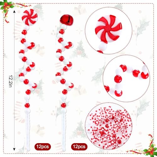 24 Pcs Christmas Curly Pick 2 Styles Red White Bells Candy Cane for ...