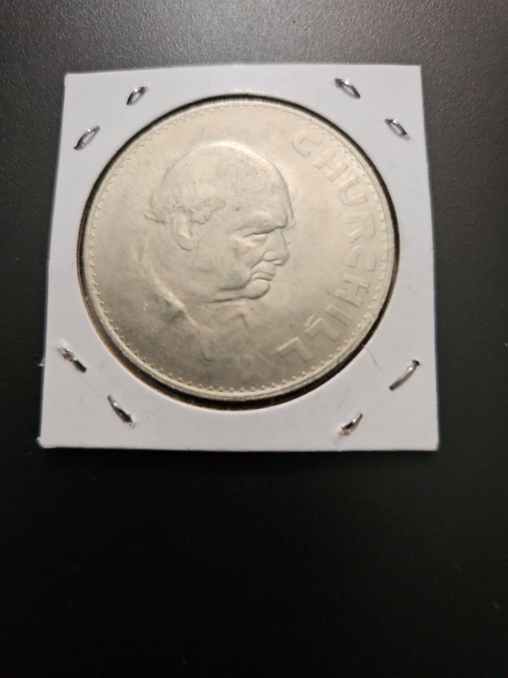 1965 United Kingdom 1 Crown Large Coin with Churchill and Elizabeth II ...