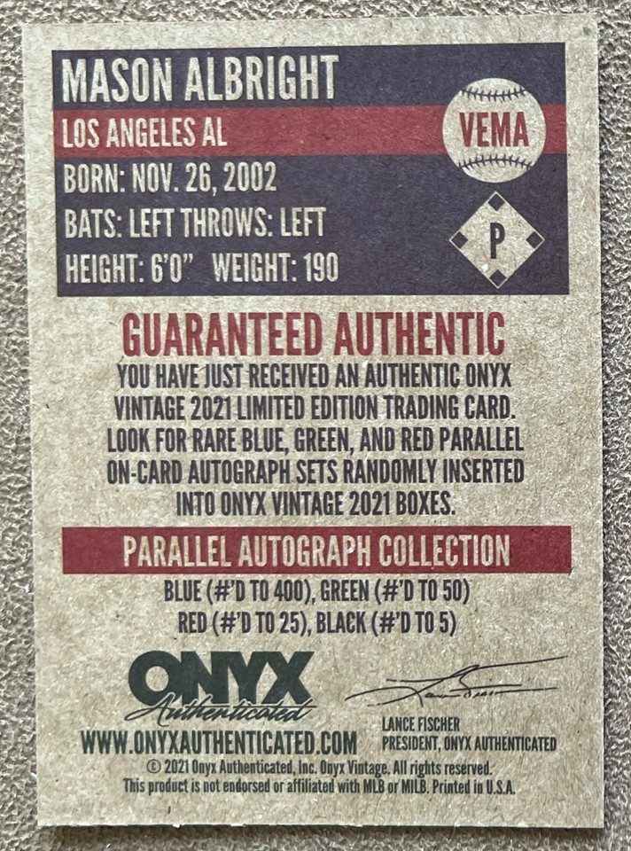Mason Albright 2021 Onyx Vintage Extended Rookie #VEMA Los Angeles ...