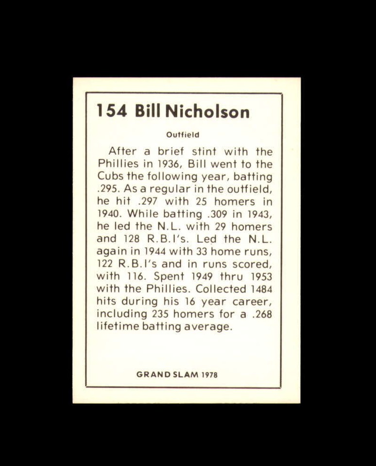 Bill Nicholson Signed 1978 Grand Slam Chicago Cubs Autograph | eBay