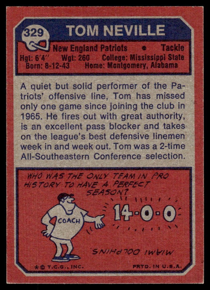 1973 Topps Tom Neville #329 New England Patriots Football Card | eBay