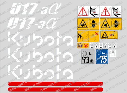 KUBOTA U17-3 MINI DIGGER COMPLETE DECAL SET WITH SAFETY WARNING SIGNS ...