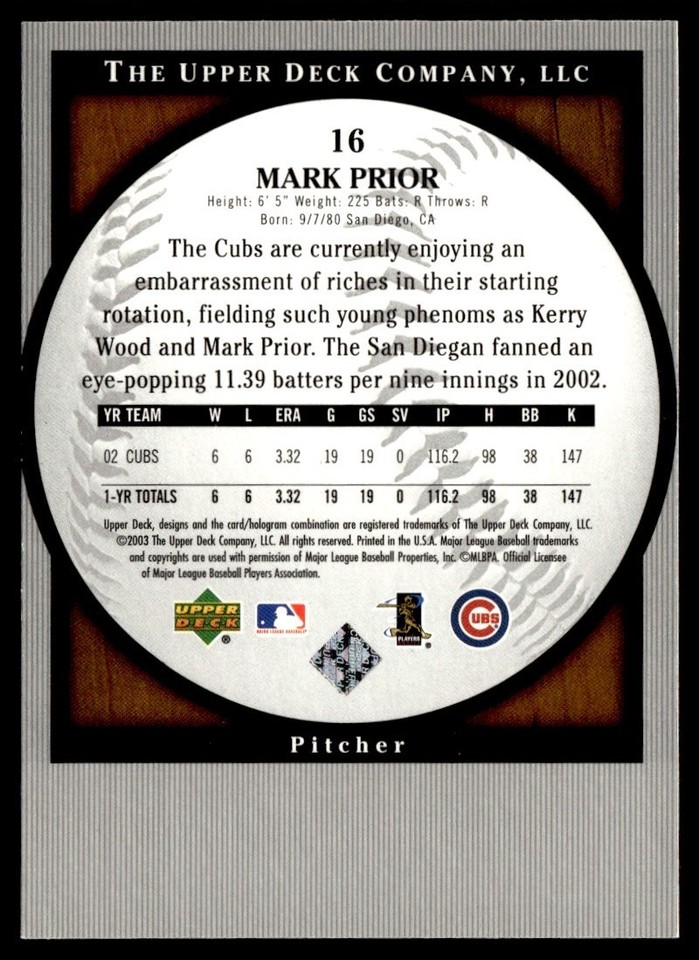 2003 Upper Deck Standing O! Mark Prior Rookie Chicago Cubs #16 | eBay