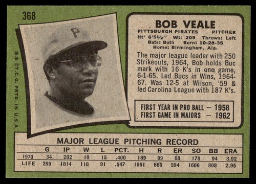 1971 Topps #368 Bob Veale BASEBALL Pittsburgh Pirates | eBay