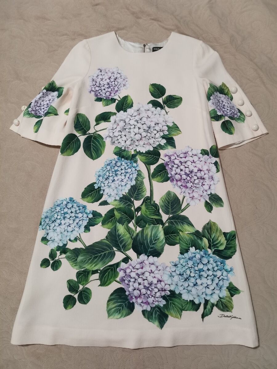 AUTH Dolce&Gabbana hydrangea printed cady beige dress 38it AUTH Dolce&Gabbana hydrangea printed cady beige dress 38it