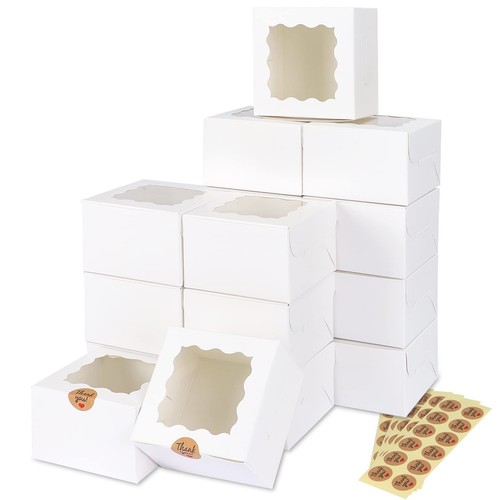50pcs White Cookie Boxes with Window, 4x4x2.5 Inches Bakery Boxes with ...