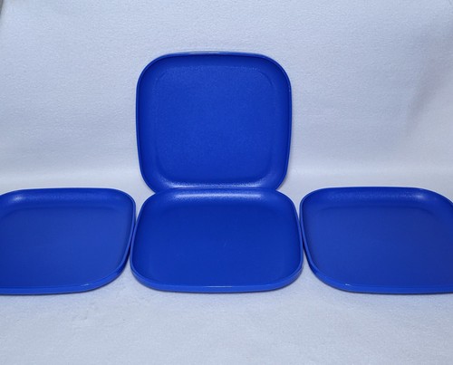 Set 4 Tupperware Flat Luncheon Plates 8” Square Raised Sides Blue Surf ...