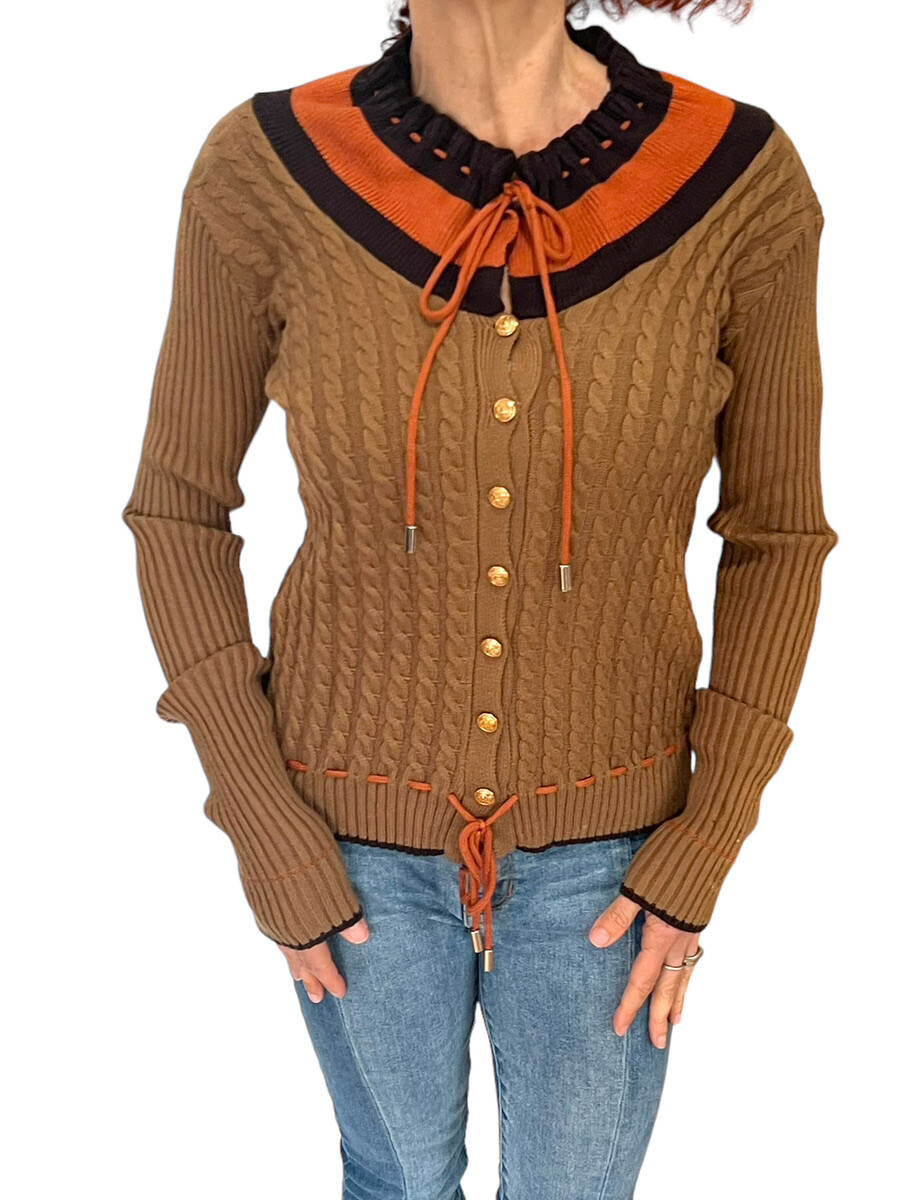 YAKIRA BELLA BROWN CABLE KNIT COLOR BLOCK CARDIGAN SW… - Gem