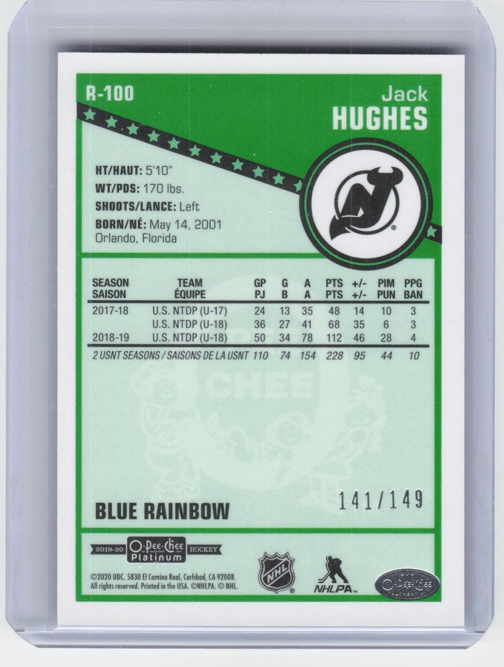 2019-20 O-Pee-Chee Platinum Jack Hughes R-100 Retro Rookie Blue Rainbow ...