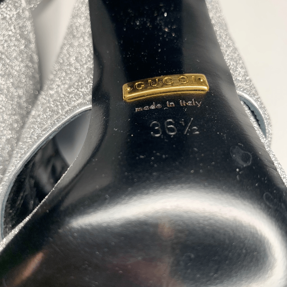 Gucci Webby Mules EU 36.5 US 6.5 Silver Glitter Block Heel Criss Cross ...