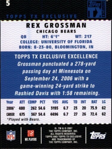 2007 Topps TX Exclusive Football #5 Rex Grossman | eBay