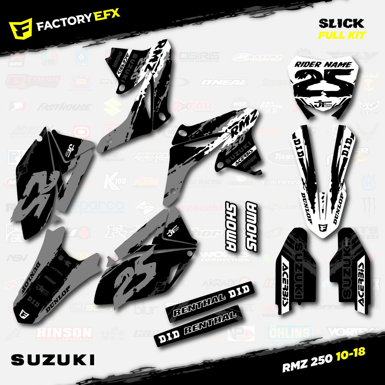Gray White Slick Racing Graphics Kit fits 10-18 Suzuki RMZ250 Decal RMZ ...