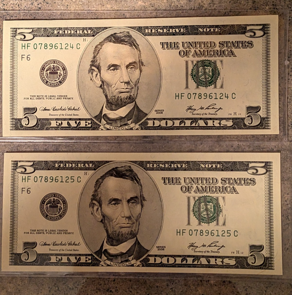 Two 2006 $5 Dollar US Federal Reserve Notes UNC Consecutive Numbers ...