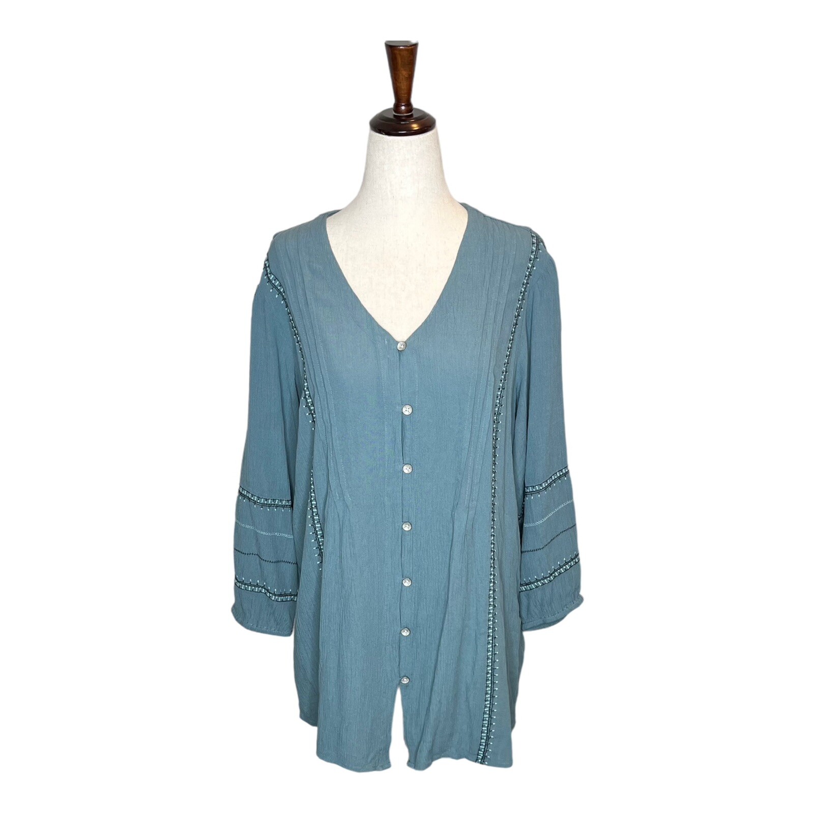 J Jill Embroidery Top Blouse Peasant Button Long Slee… - Gem