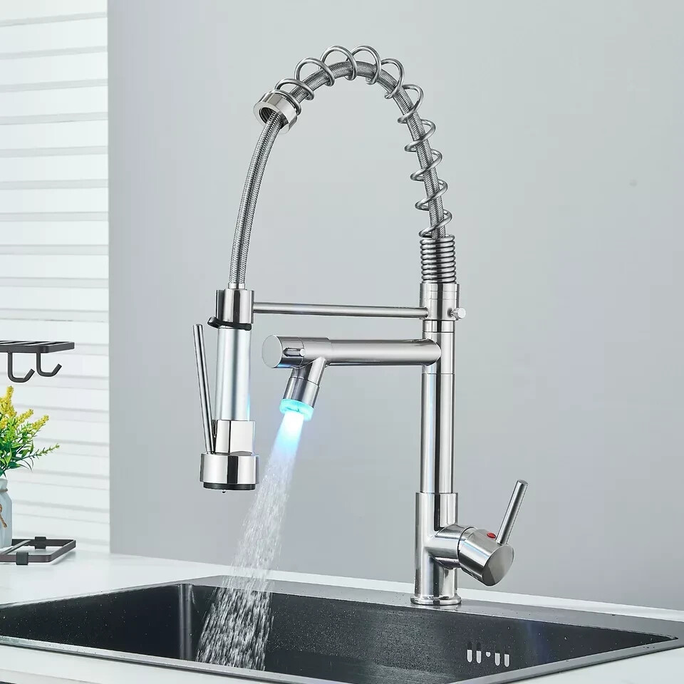 LED Kitchen Sink Faucet Pull Down Sprayer Single Handle 1 Holes Swivel ...