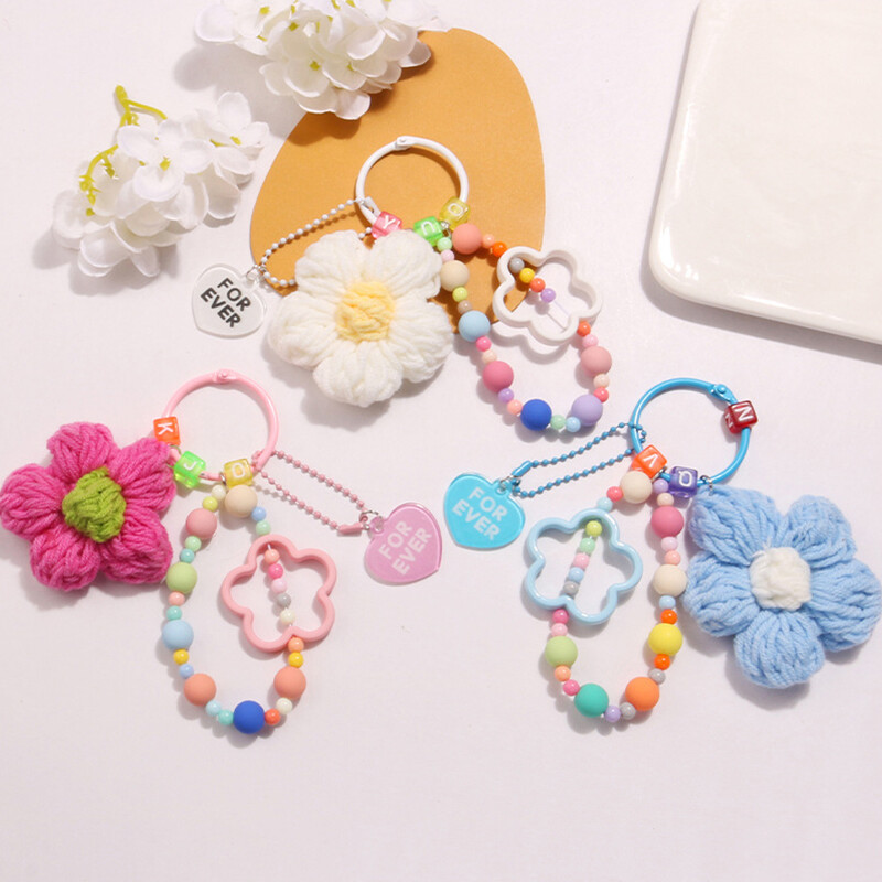 Cartoon Wool Knitted Flowers Key Chains Beaded Wristlet Lanyard ...