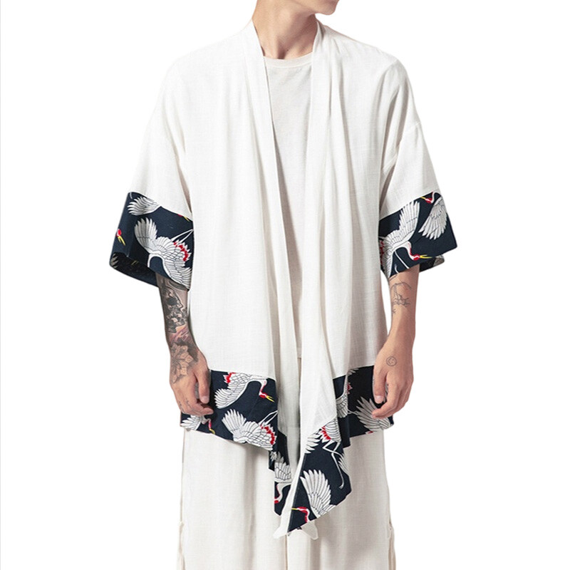 Men Linen Blend Haori Cardigan Kimono Yukata Robe Happi Coat Shirt Tee ...