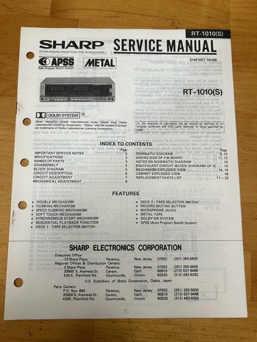 Sharp RT-1010 Double Cassette Tape Deck Service Manual Vintage OEM ...
