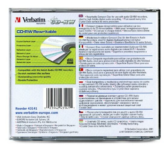 Verbatim CD-RW 74 Audio / Music CD RW Rewritable 700MB / 74 MINS Blank ...