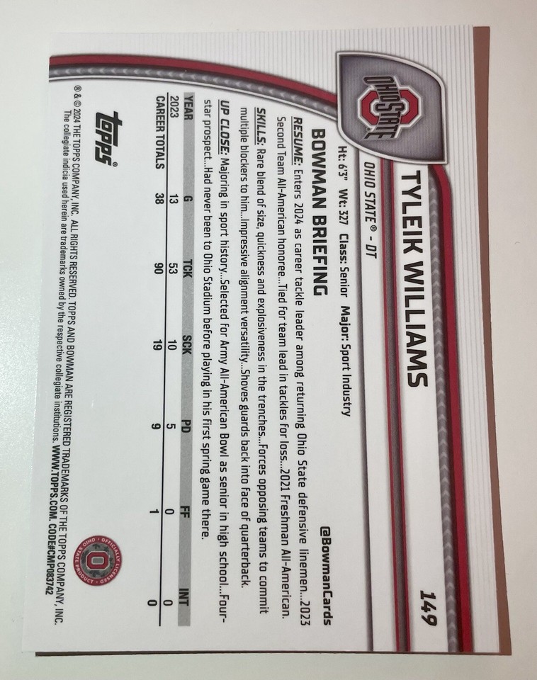 2024 Bowman University Chrome #149 Tyleik Williams Ohio State Football ...