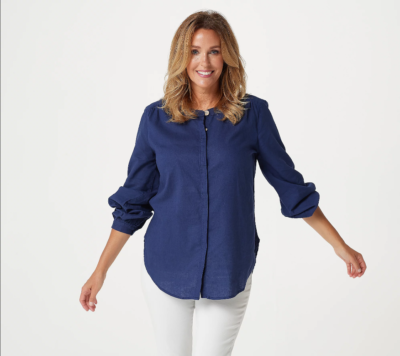 Denim & Co. Naturals Linen Blend Button-Front Top-Navy-Small A377994 ...