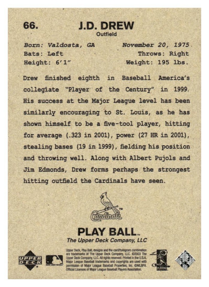 2003 Upper Deck Play Ball #66 J.D. Drew CARDINALS | eBay