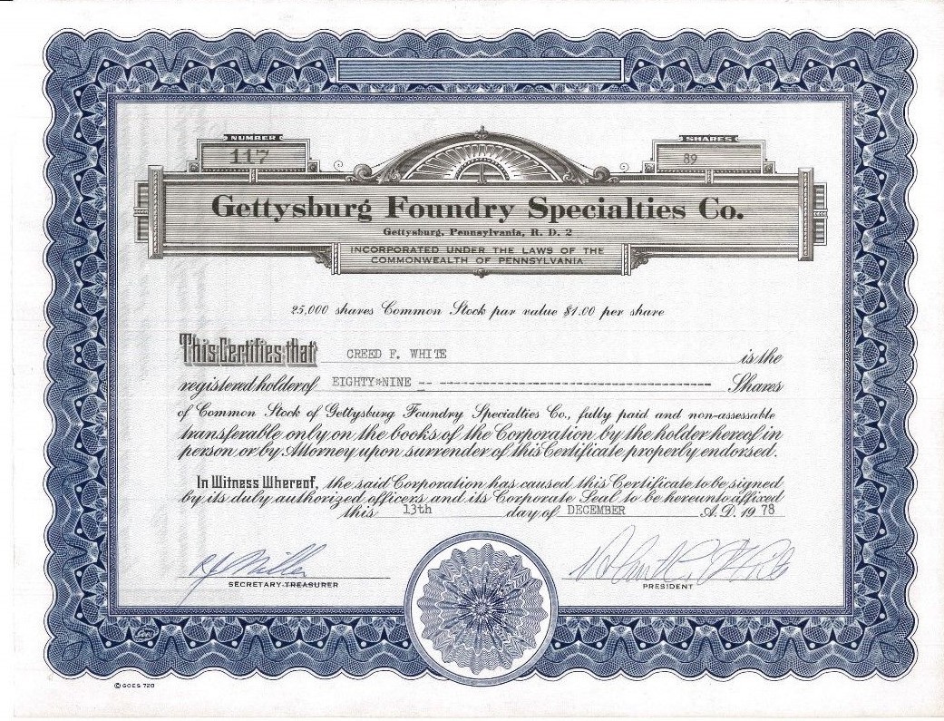 Gettysburg Foundry Specialists 1978 Pennsylvania Steel old stock ...