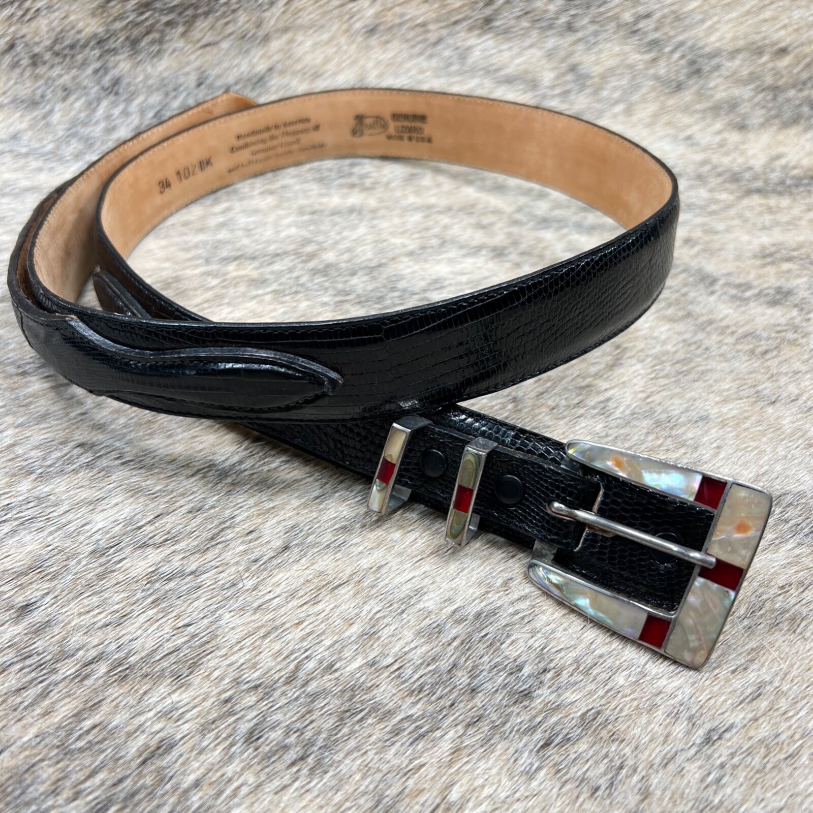 Justin Lizard Leather Belt w/ Mother of Pearl Sterling Buckle Set | eBay