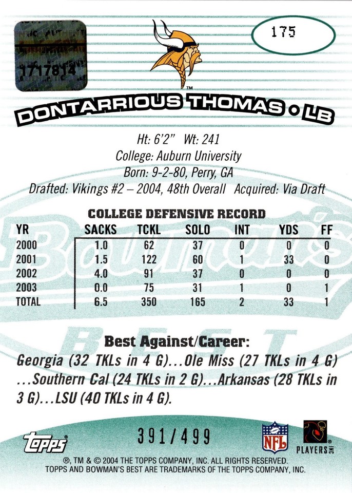 2004 Bowman's Best Auto RC /499 Dontarrious Thomas #175 Auburn Vikings ...