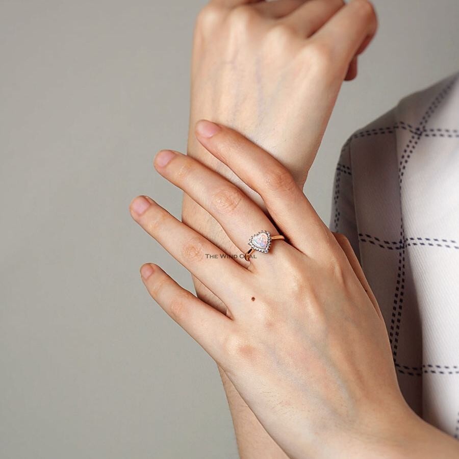 Rare Stunning Heart Shaped Australian Opal Halo Diamond Engagement Ring ...