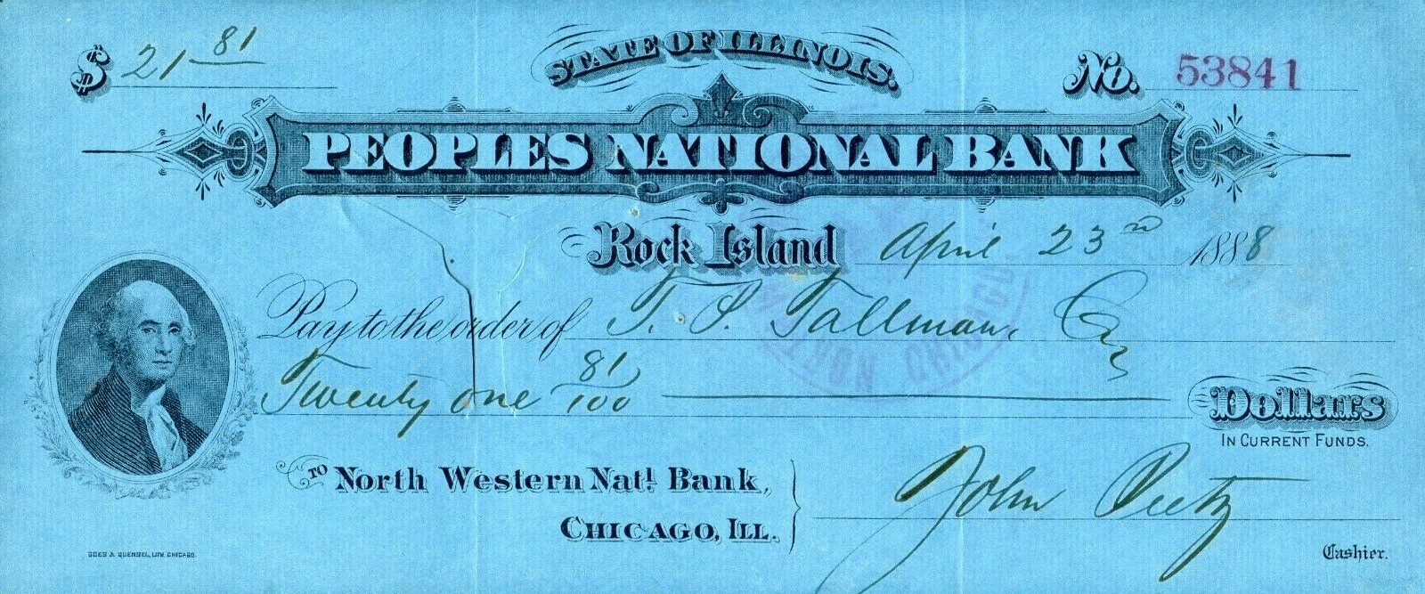 1888 PEOPLES NATIONAL BANK ROCK ISLAND IL CHECK JOHN PEETZ VIGNETTE G ...