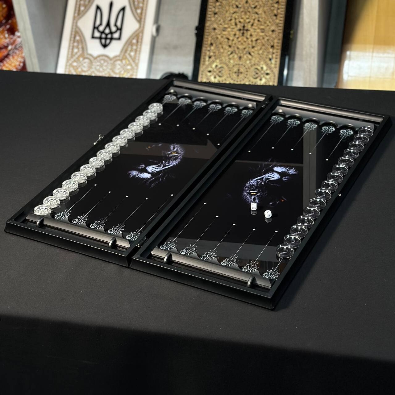 Glass Backgammon Set LION Design, Game Board,Exclusive Gift,Chips Dice ...