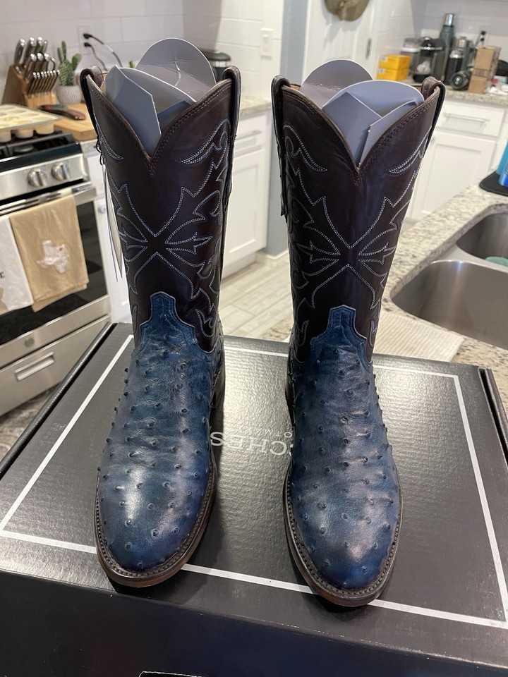 LUCCHESE men's Sz 8.5D Hudson Blue Full Quill Ostrich boots with box | eBay