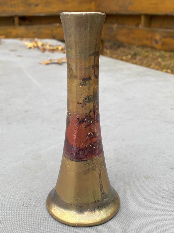 Weller Pottery Lasa 1920s Art Nouveau Bud Vase Gold Luster Glaze Tree ...